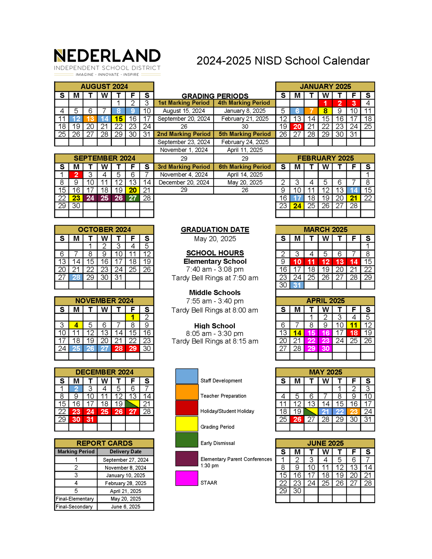 2024-2025 District Calendar • Page - NEDERLAND INDEPENDENT SCHOOL DISTRICT